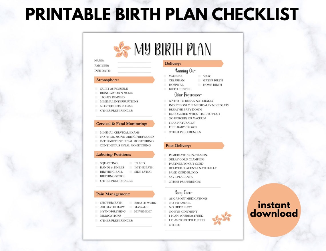 Printable Birth Plan, Natural Birth Plan Template With Checklist, One ...