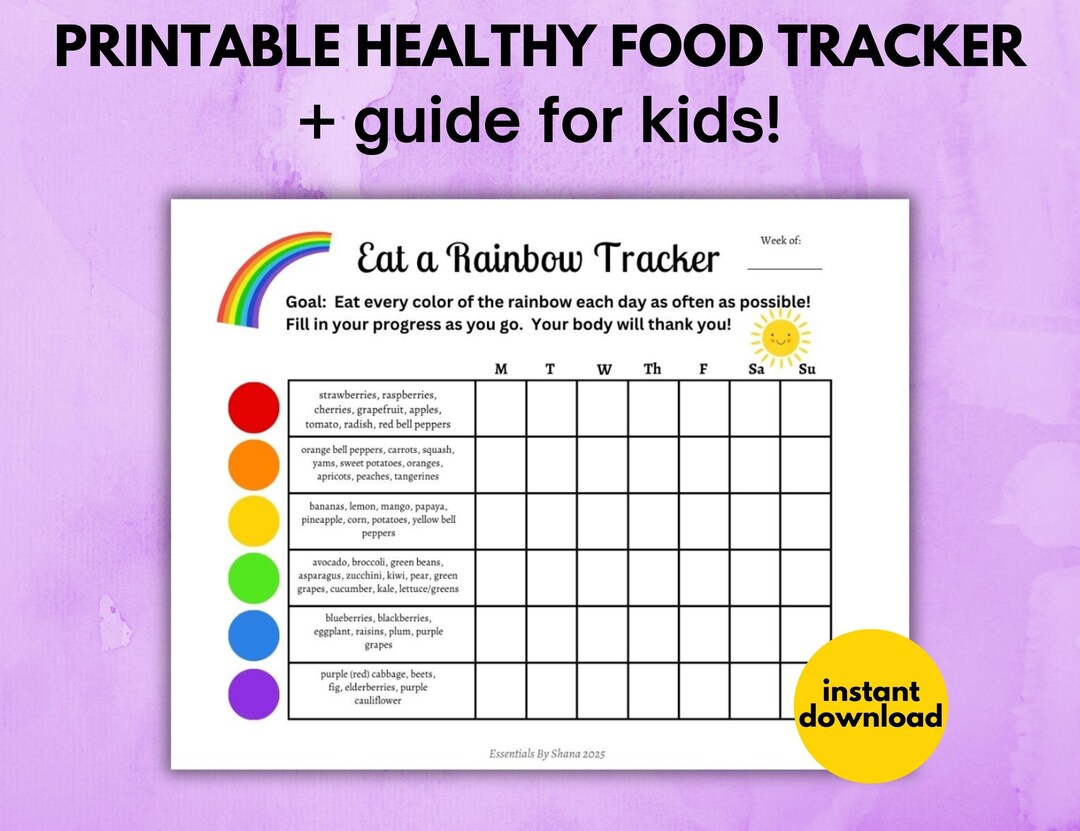 Printable Food Tracker, Eat the Rainbow Chart Tracker and Checklist ...