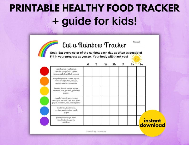 Printable Food Tracker, Eat the Rainbow Chart Tracker and Checklist ...