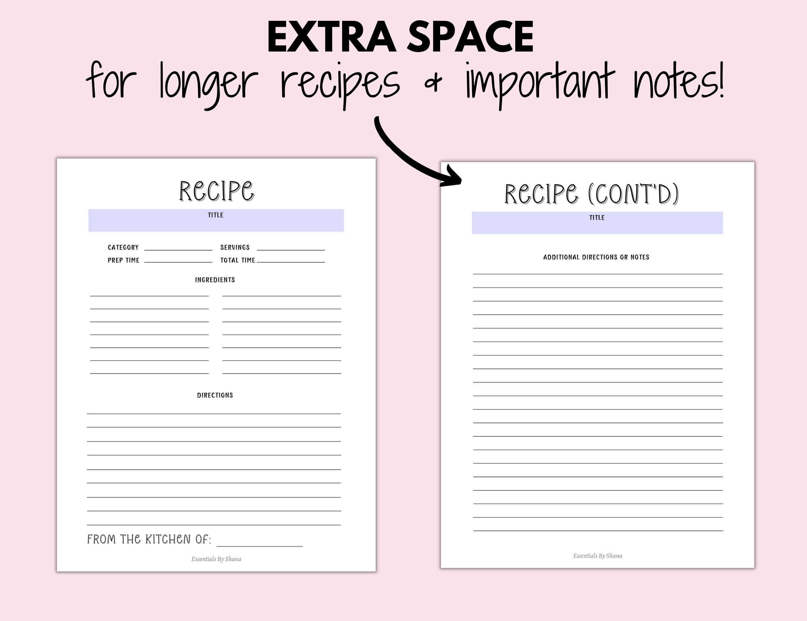 Printable Blank Recipe Pages for Handwritten Recipes and Recipe Books ...