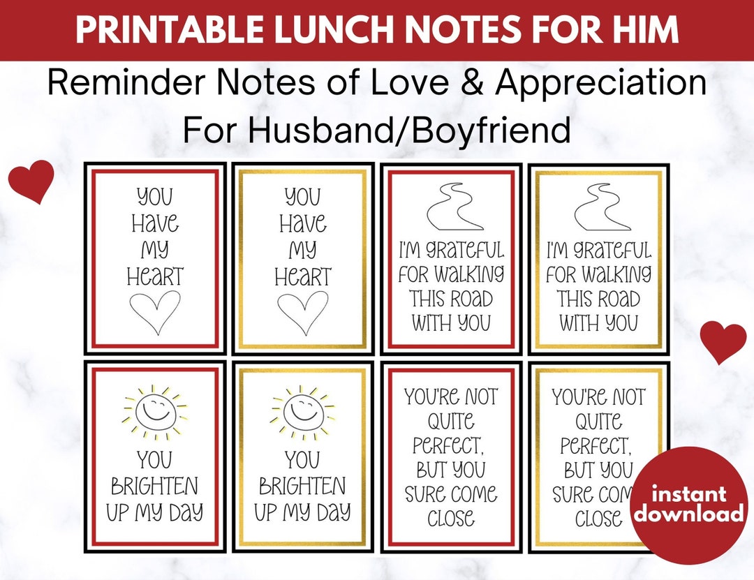 Printable Lunch Notes for Him, Husband Lunch Notes and Lunchbox Love ...