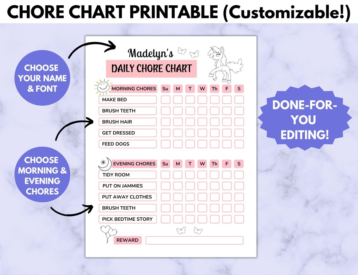 Printable Chore Chart, Personalized Responsibility Chart for Kids - Etsy
