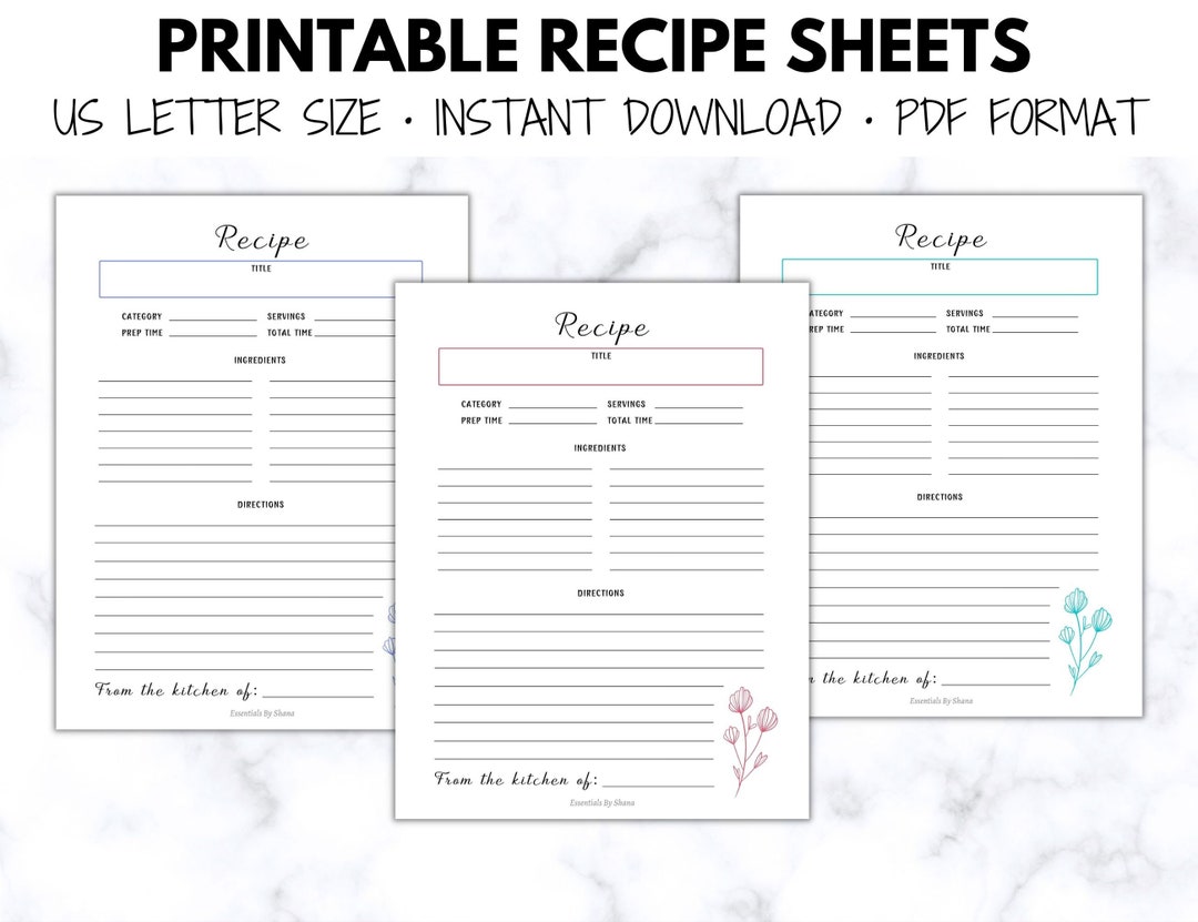 Printable Blank Recipe Pages for Handwritten Recipes and Recipe Books ...