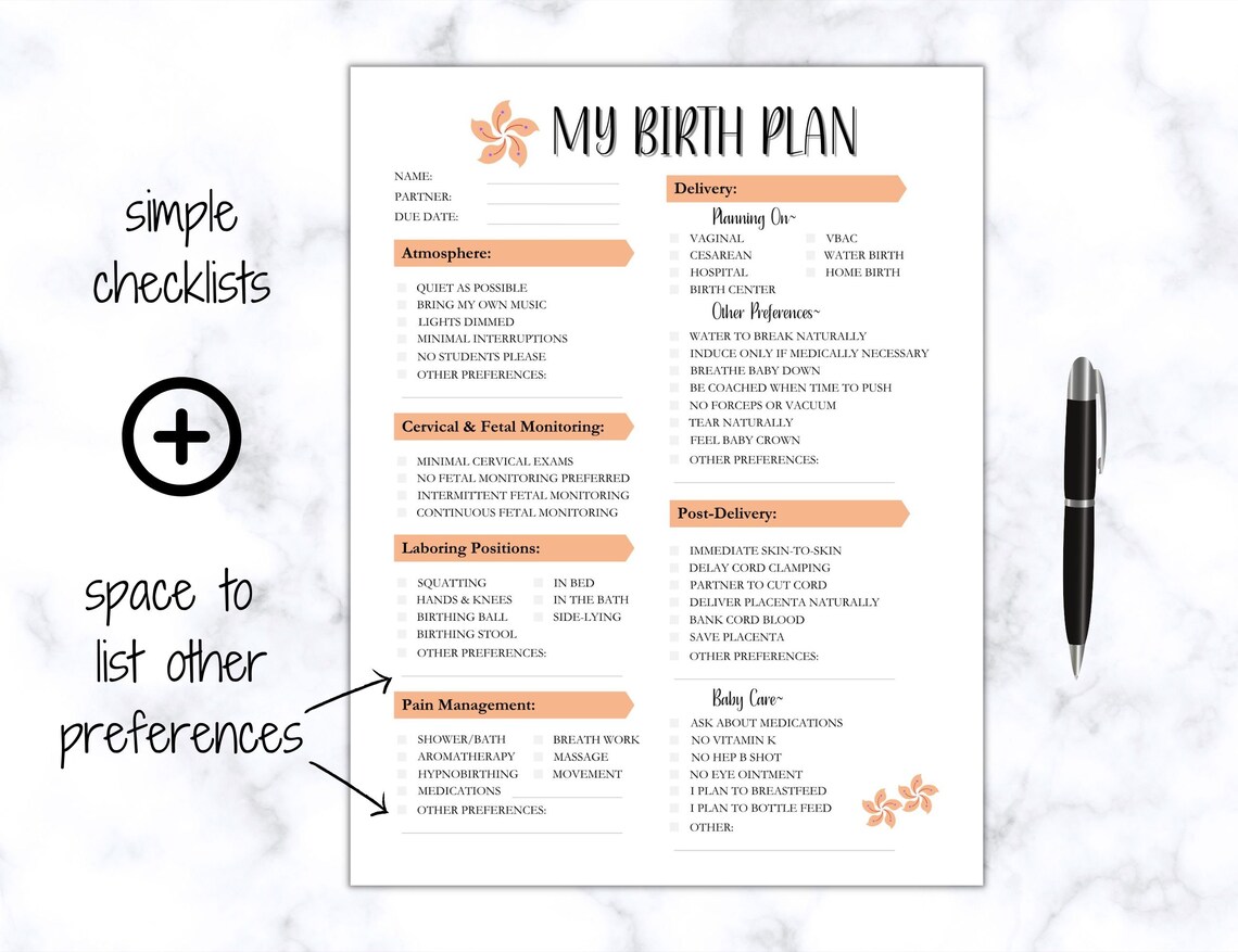 Printable Birth Plan, Natural Birth Plan Template With Checklist, One ...