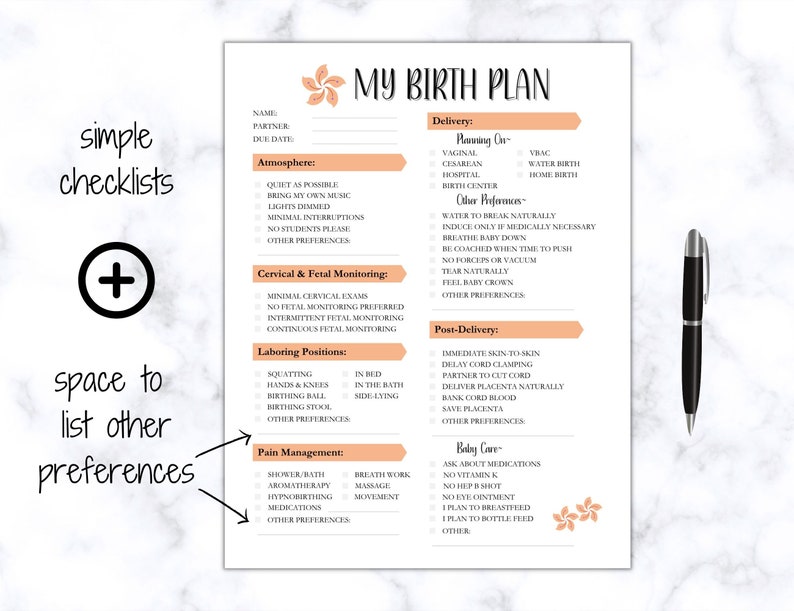 Printable Birth Plan, Natural Birth Plan Template With Checklist, One ...