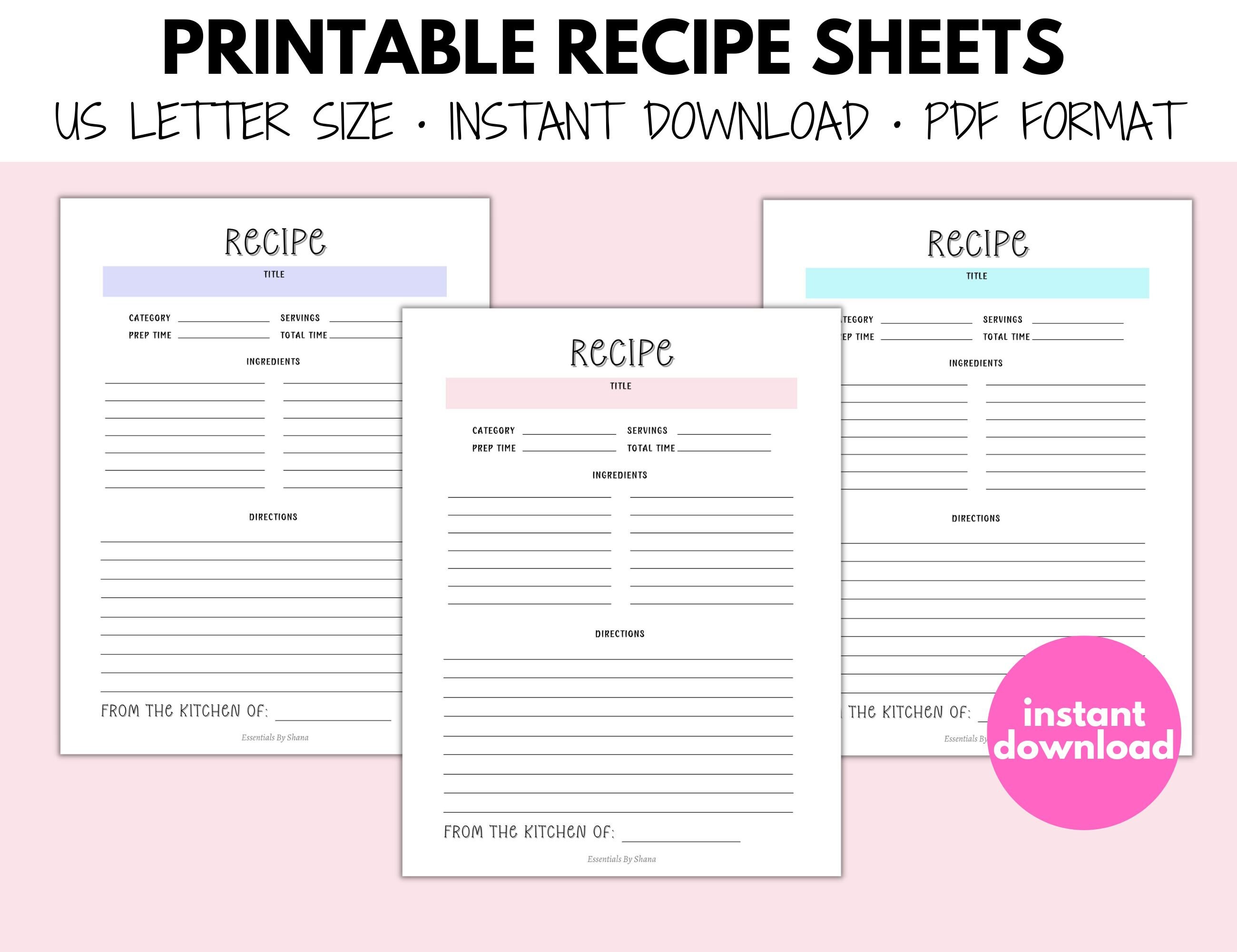 Printable Blank Recipe Pages for Handwritten Recipes and Recipe Books ...