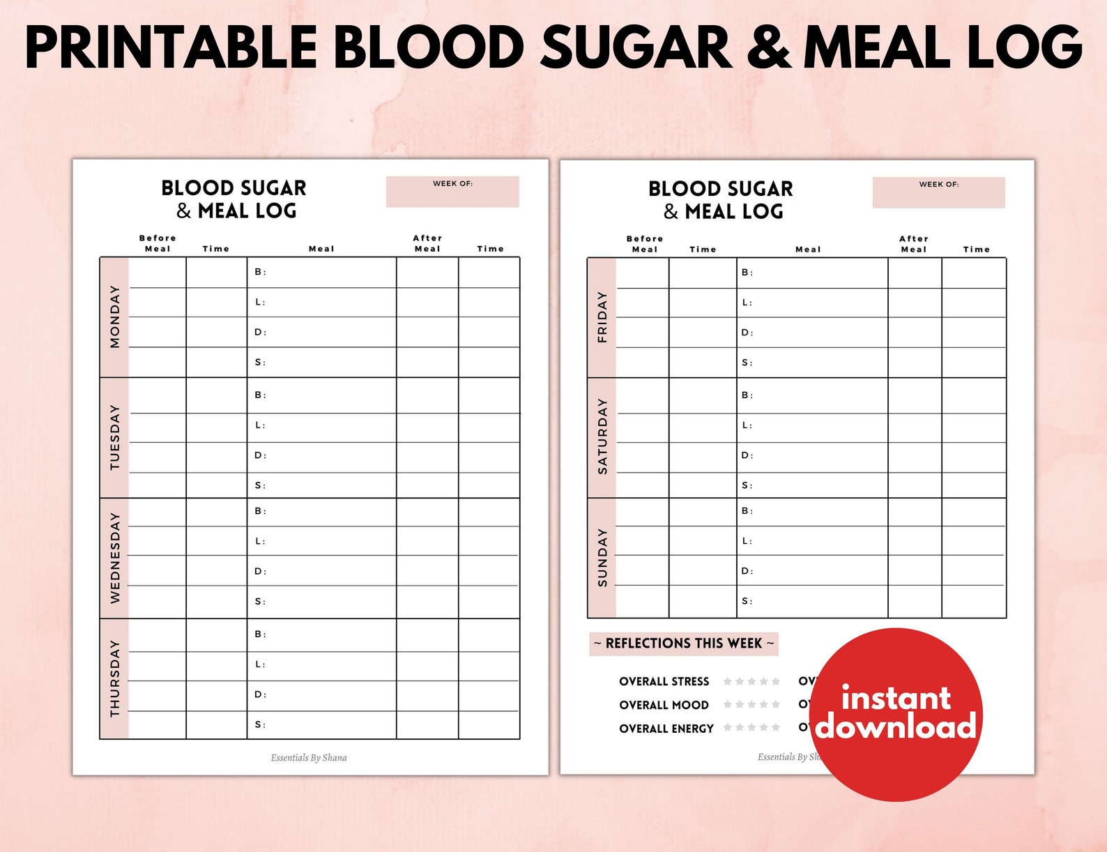 Printable Blood Sugar Tracker and Meal Log, Glucose and Food Tracker ...