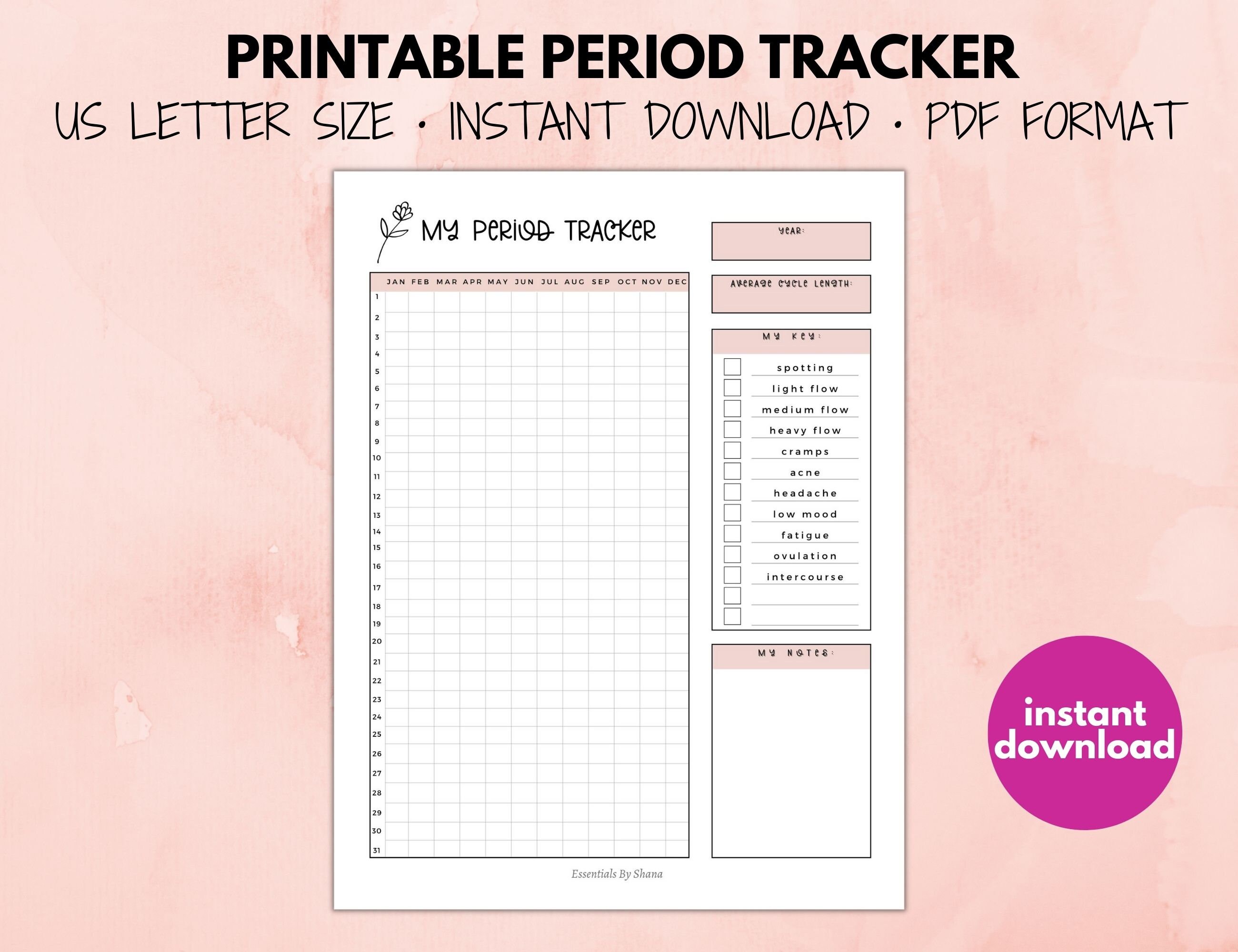 Period Tracker Printable for Monthly Cycle and Symptom Tracking, Moon ...
