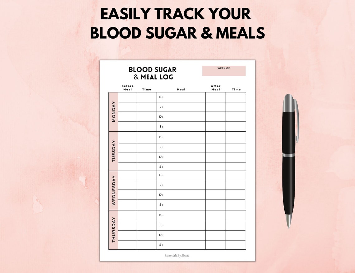 Printable Blood Sugar Tracker and Meal Log, Glucose and Food Tracker ...