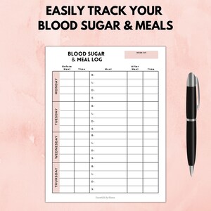 Printable Blood Sugar Tracker and Meal Log, Glucose and Food Tracker ...