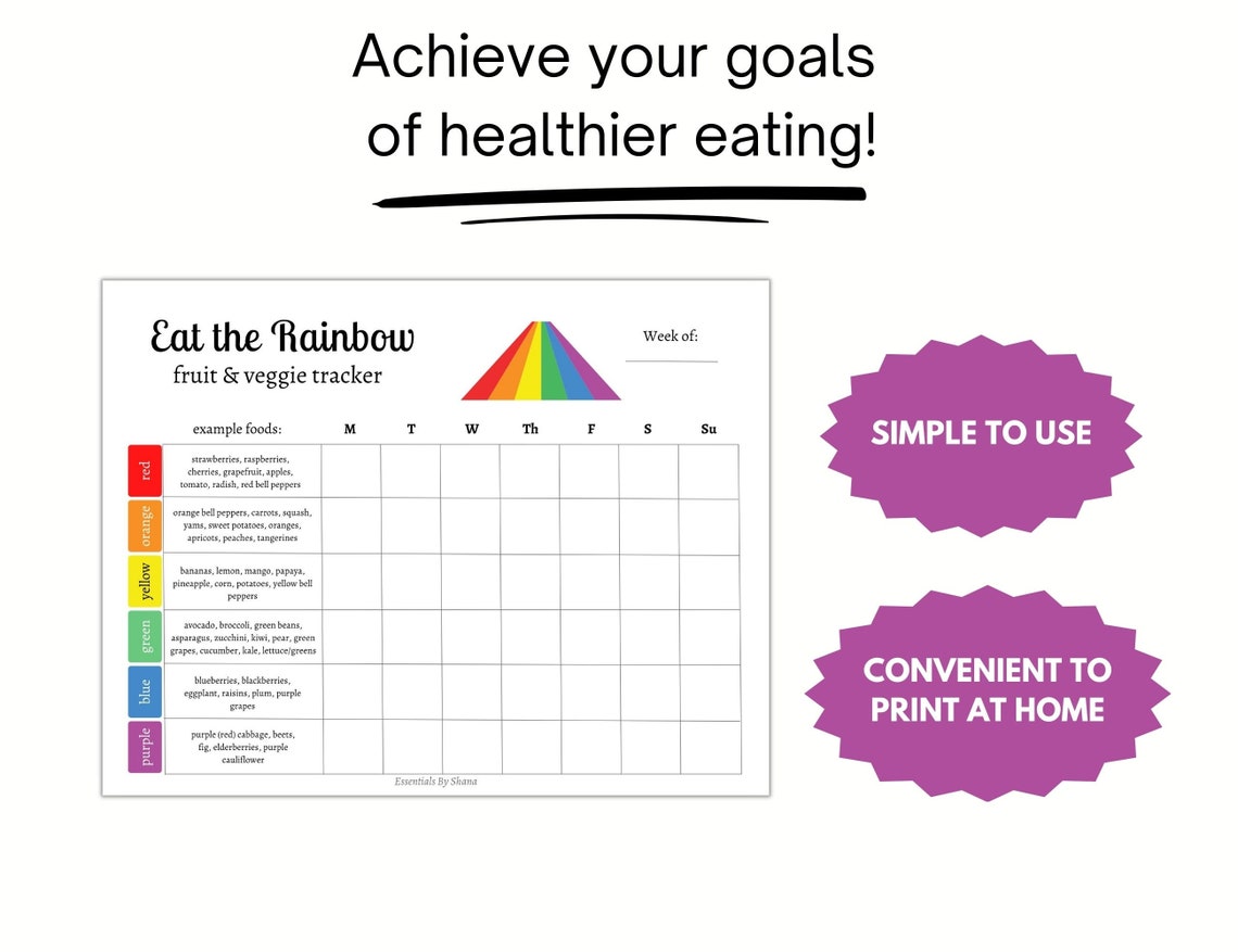 Printable Food Tracker, Eat the Rainbow Tracker and Checklist, Healthy ...