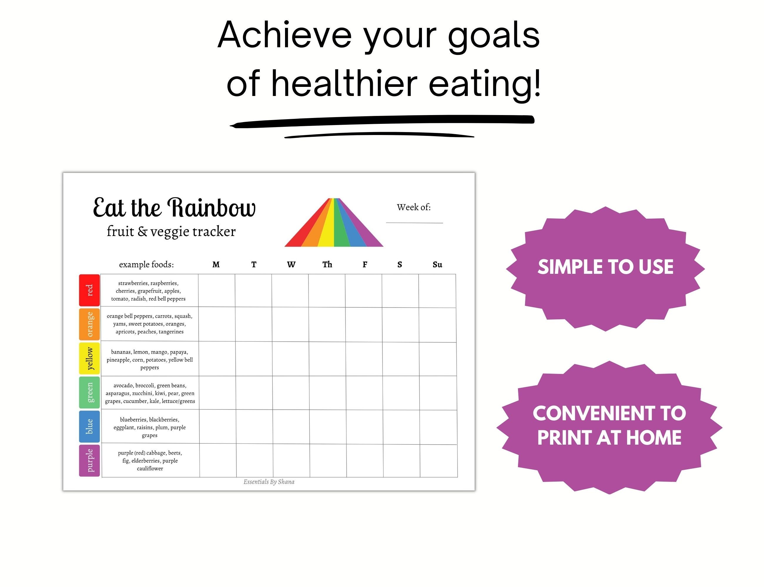 Printable Food Tracker, Eat the Rainbow Tracker and Checklist, Healthy ...