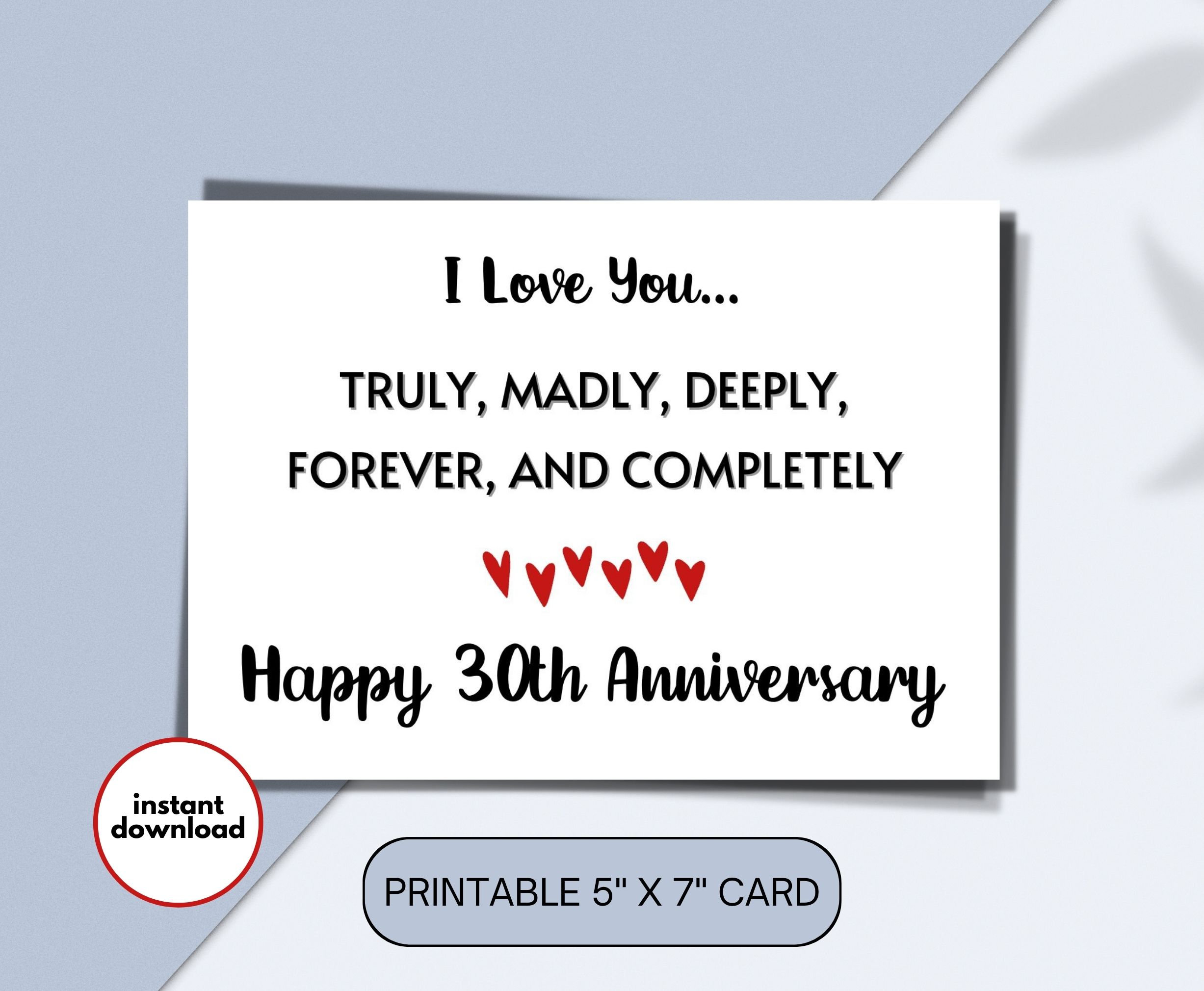 30th Anniversary Card, Printable Anniversary Card for Husband or Wife ...