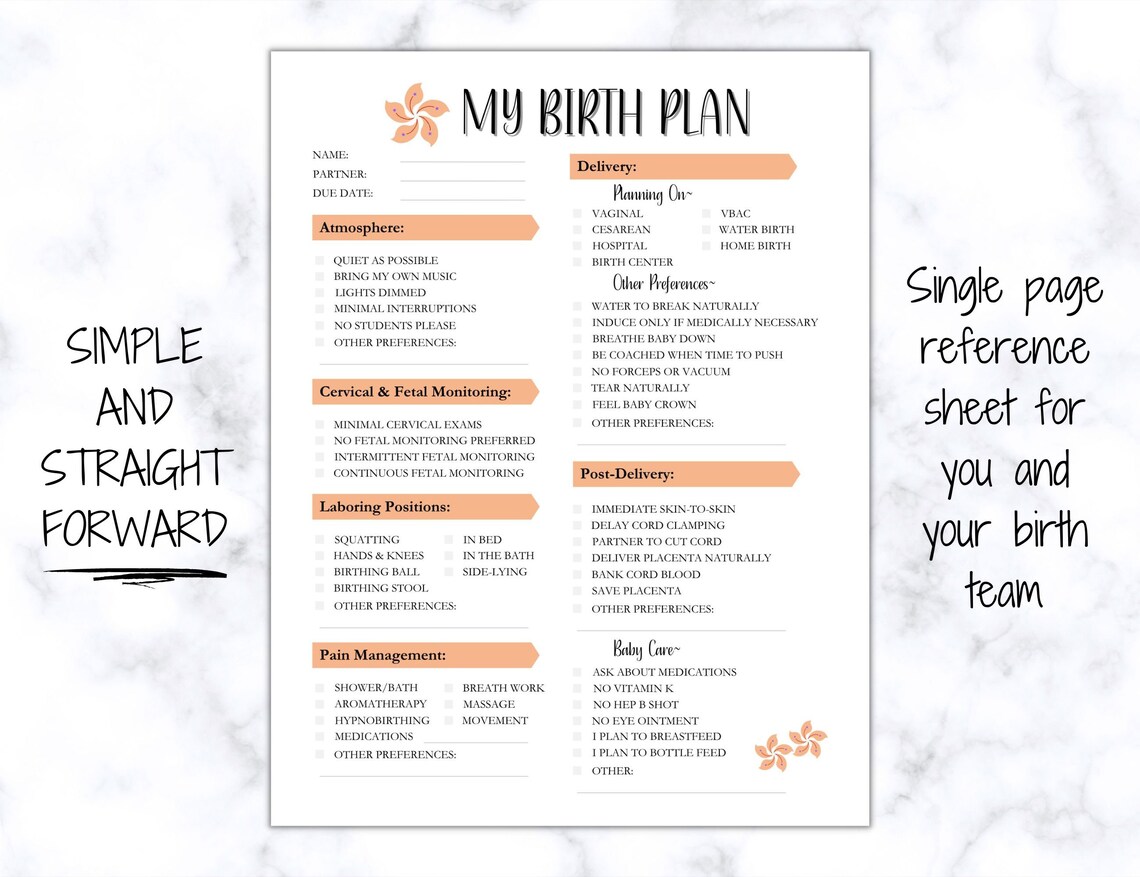 Printable Birth Plan, Natural Birth Plan Template With Checklist, One ...