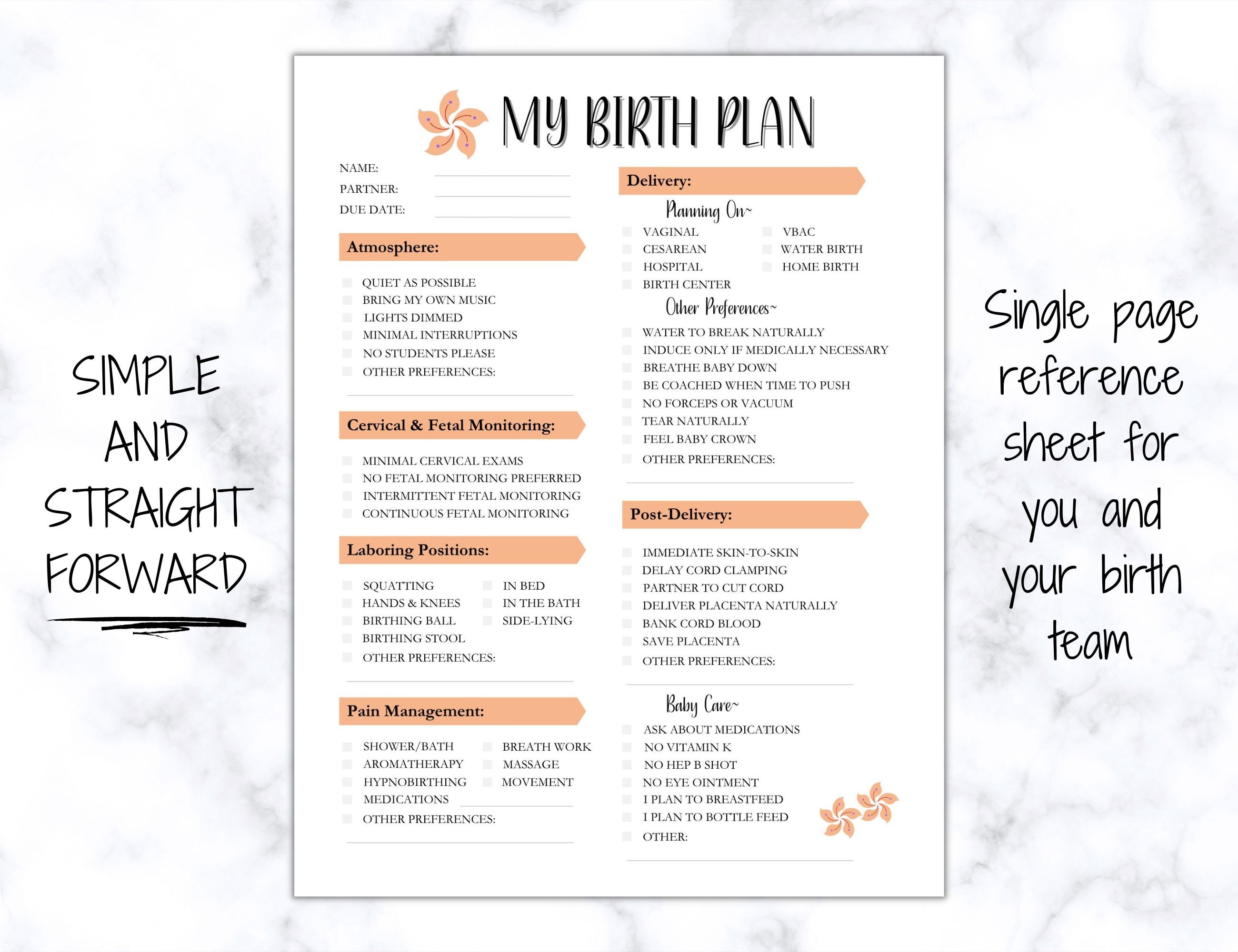 Printable Birth Plan, Natural Birth Plan Template With Checklist, One ...