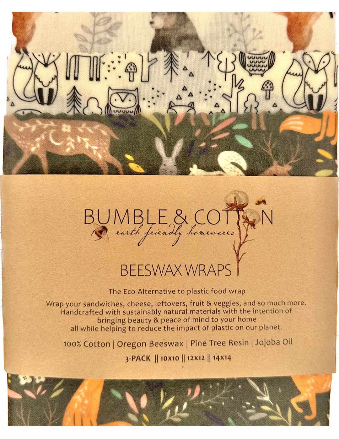 BEESWAX WRAPS 3-pack Wildlife Bear & Fox Reusable Food Wraps Eco ...