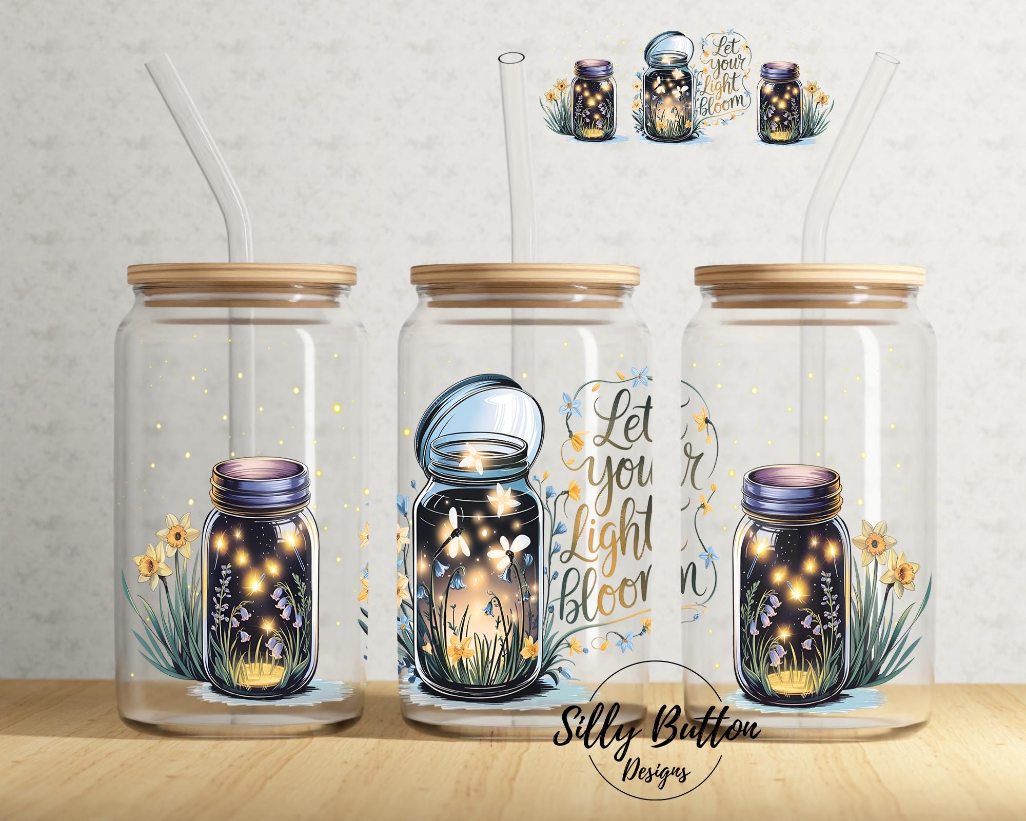 Let Your Light Bloom Fireflies & Flowers in Mason Jars 16 Oz Libbey ...