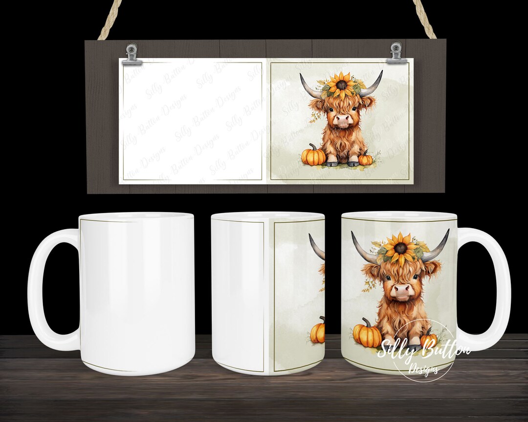 Fall Highland Cow With Sunflowers Pumpkins Farm Blank Sublimation Mug ...