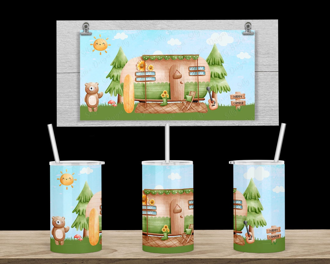 Happy Camper Cartoon Scene With Bear Sublimation Straight Sippy Cup ...