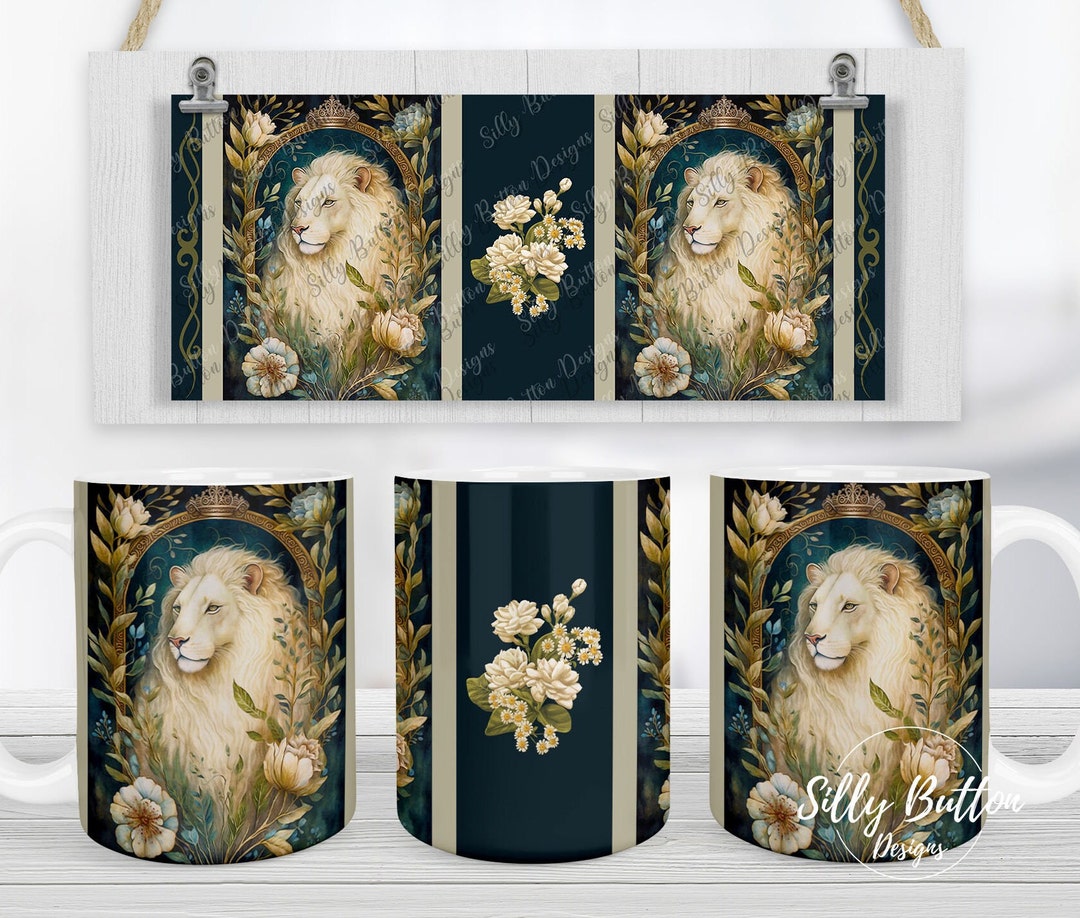 White Lion Flowers Dark Blue Background Animal Sublimation Mug Design ...