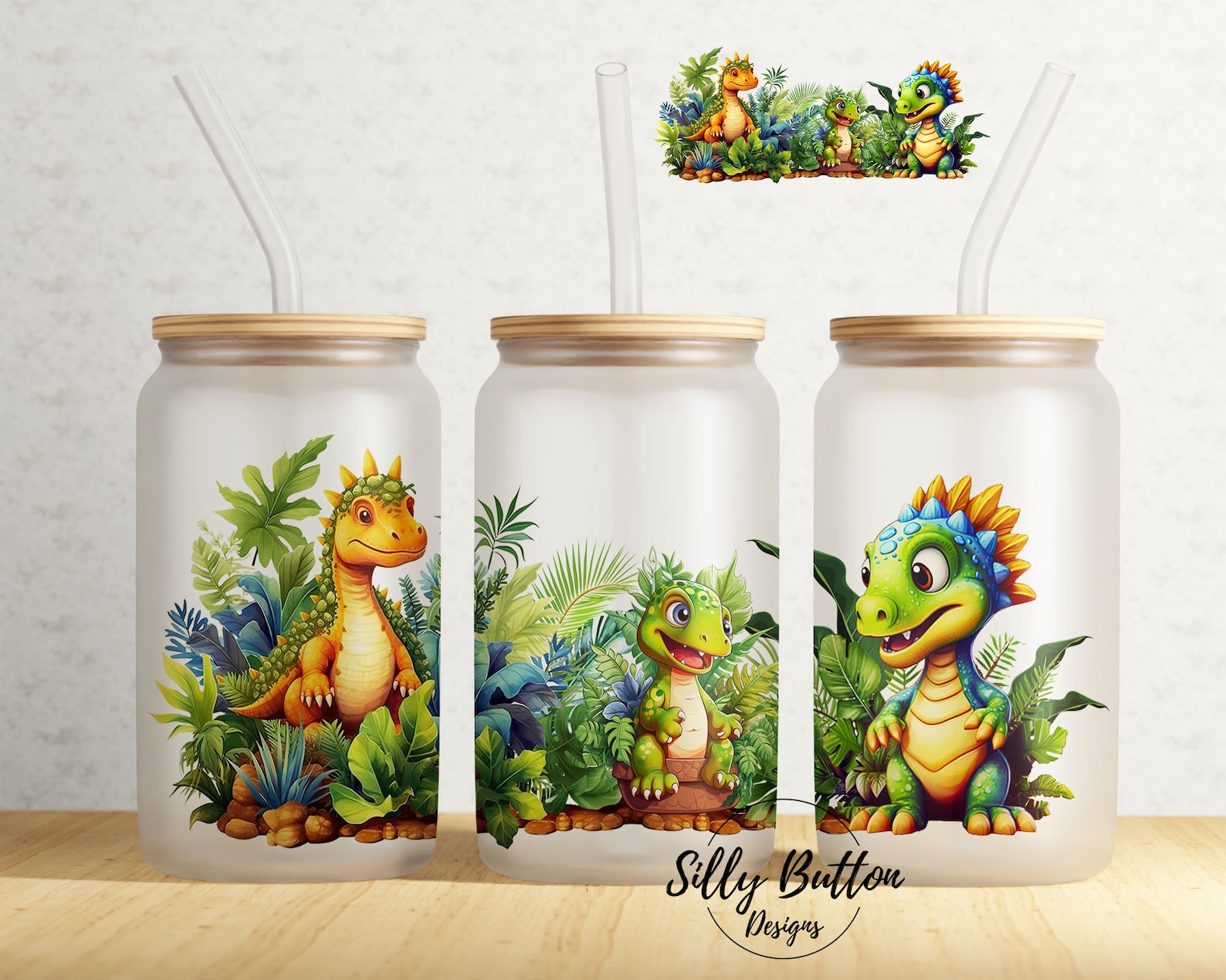 Dinosaurs in the Jungle Dinos 16oz Libbey Glass Can Tumbler Sublimation ...