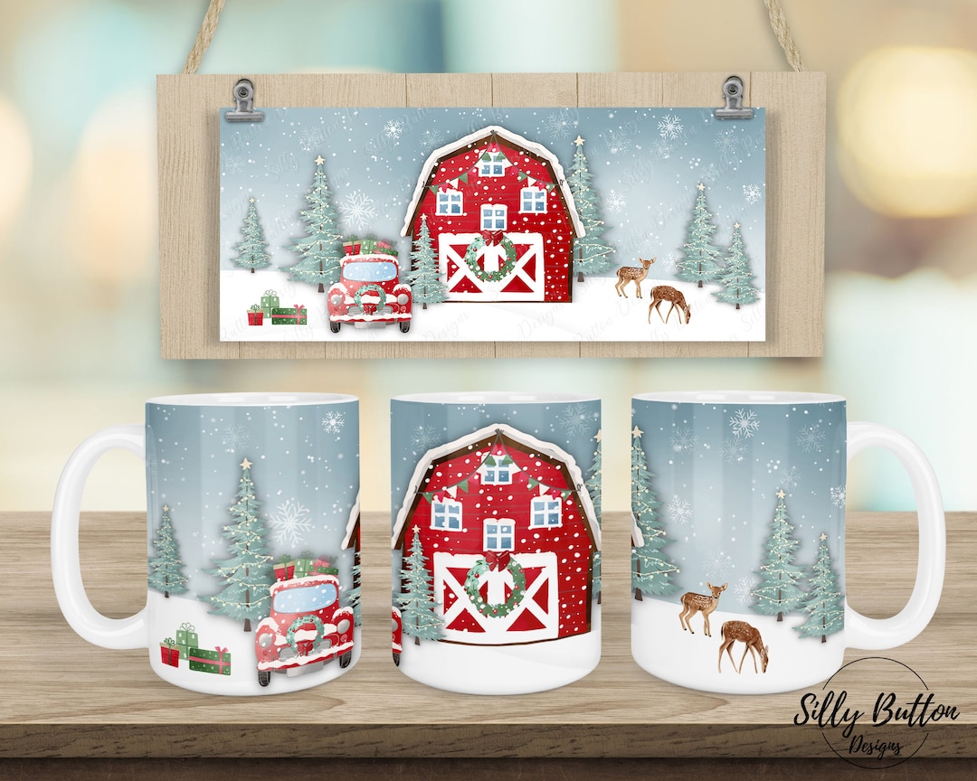 Christmas Farm W Red Barn Deer Vintage Truck Sublimation Mug Design ...