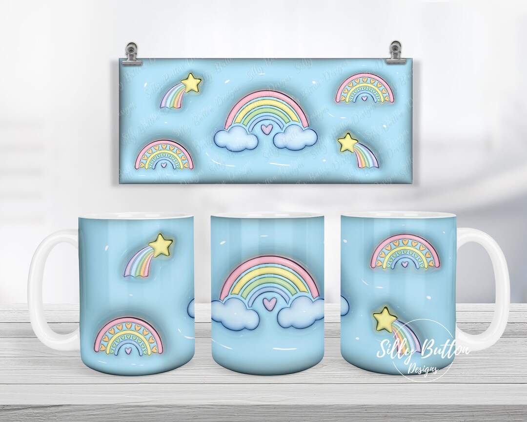 3D Inflated Look Rainbow With Clouds and Hearts Sublimation Mug Design ...