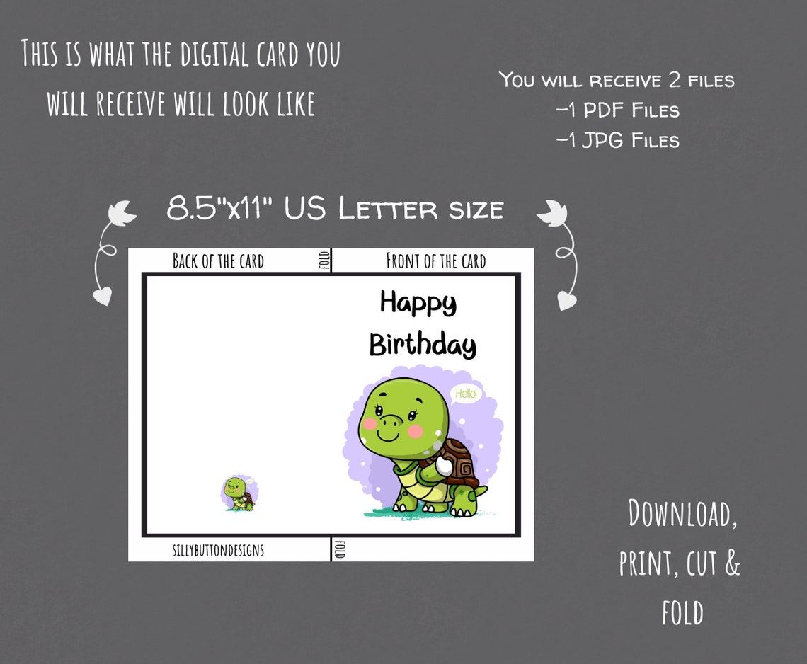 Happy Birthday Turtle Card PDF & JPG Printable Instant Digital - Etsy