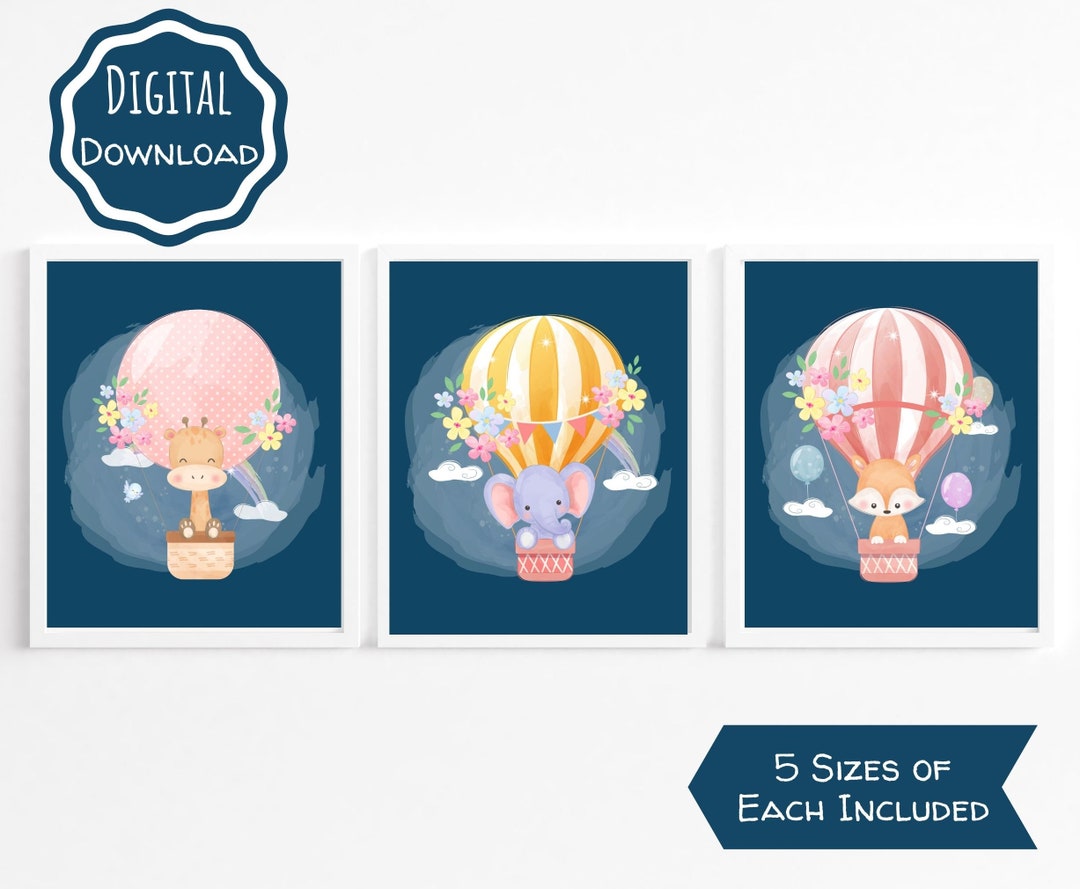 Set of 3, Animals in Hot Air Balloons Instant Download Prints, Baby ...