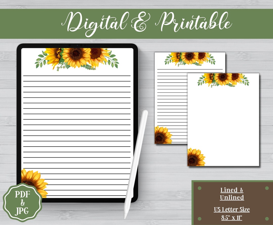 Sunflowers / Lined and Unlined Stationery Set / PDF & JPG / Printable ...