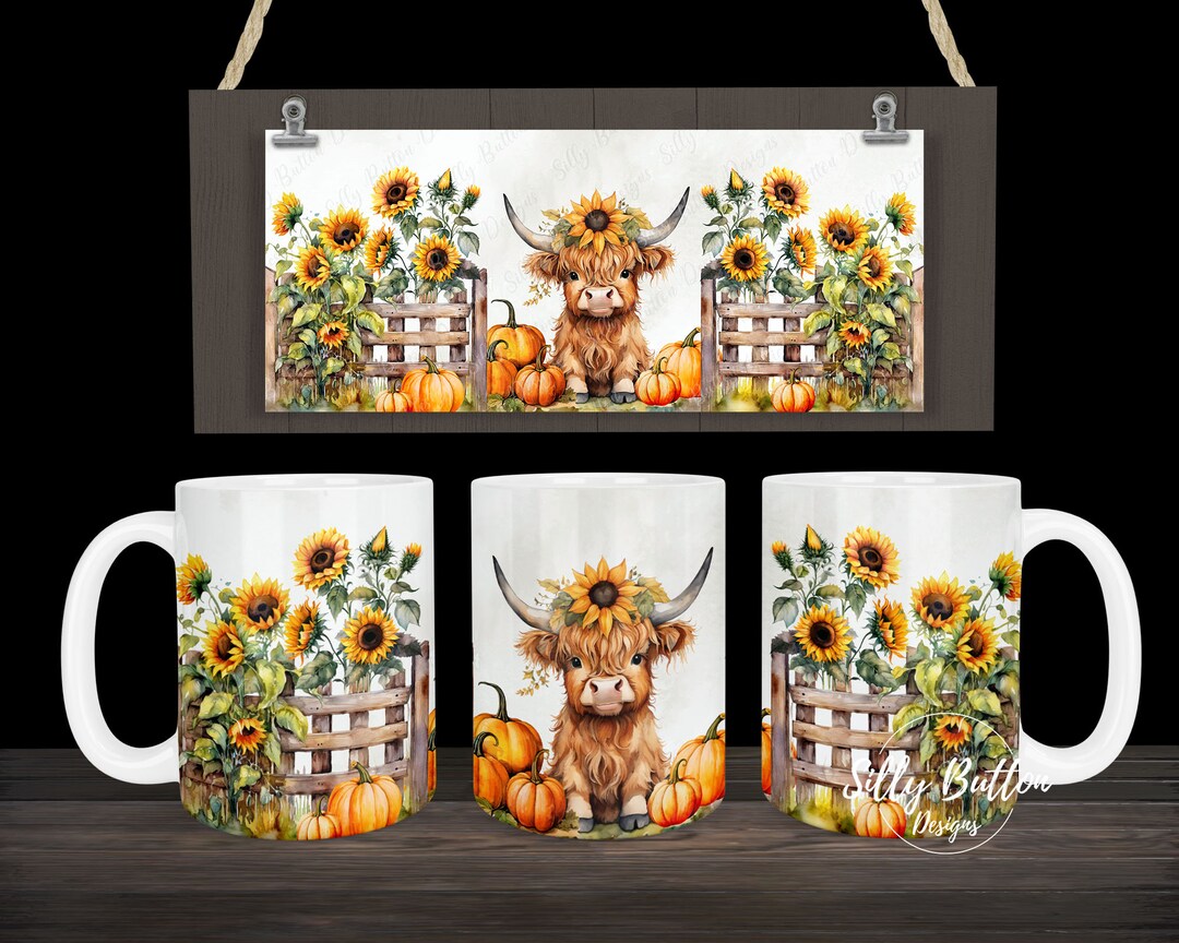 Fall Highland Cow With Sunflowers and Pumpkins Farm Sublimation Mug ...