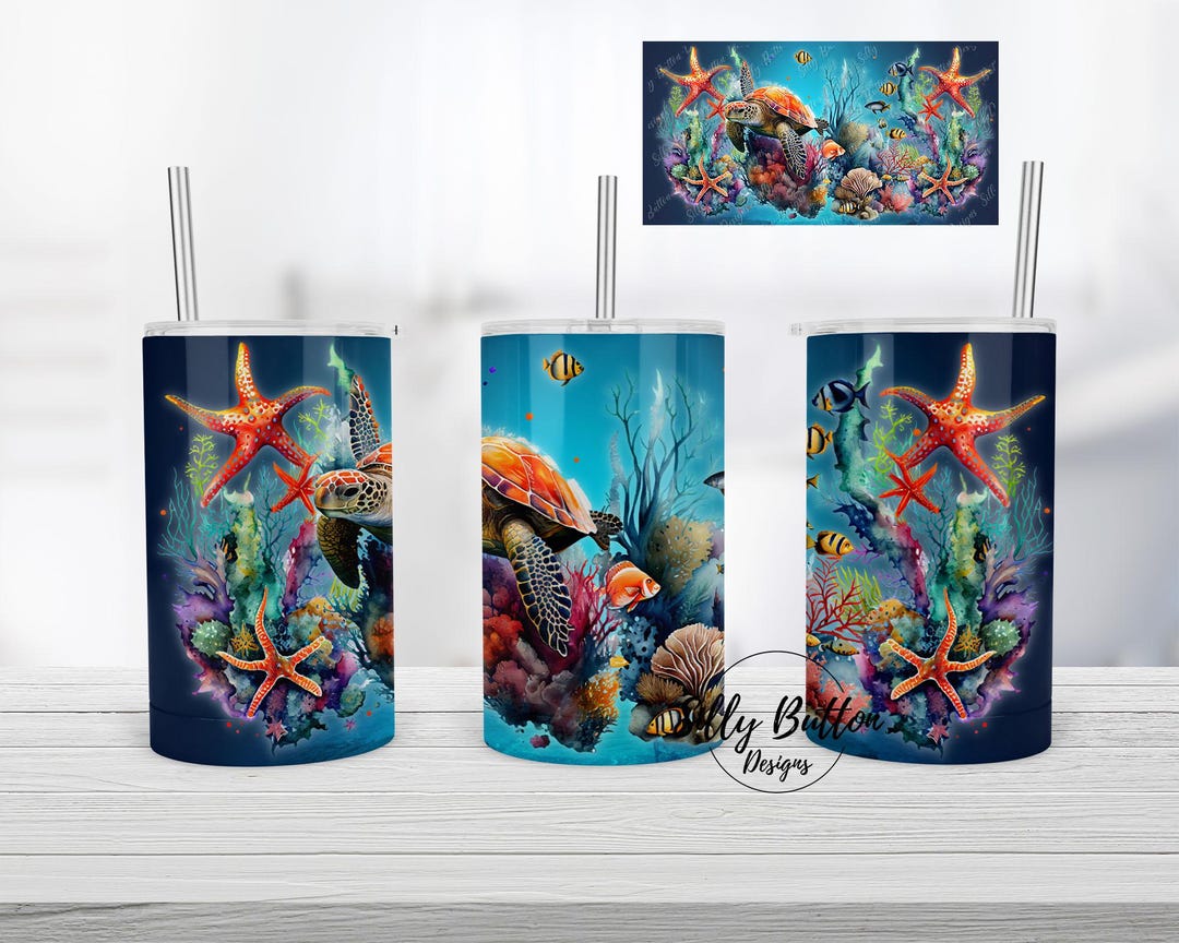 Ocean Sea Life Under the Sea Turtle and Fish Sublimation Straight Sippy ...