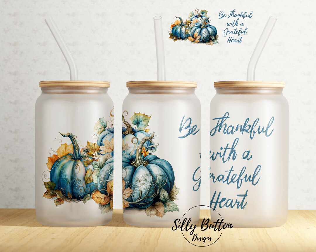 Be Thankful With a Grateful Heart Blue Pumpkin Fall 16oz Libbey Glass ...