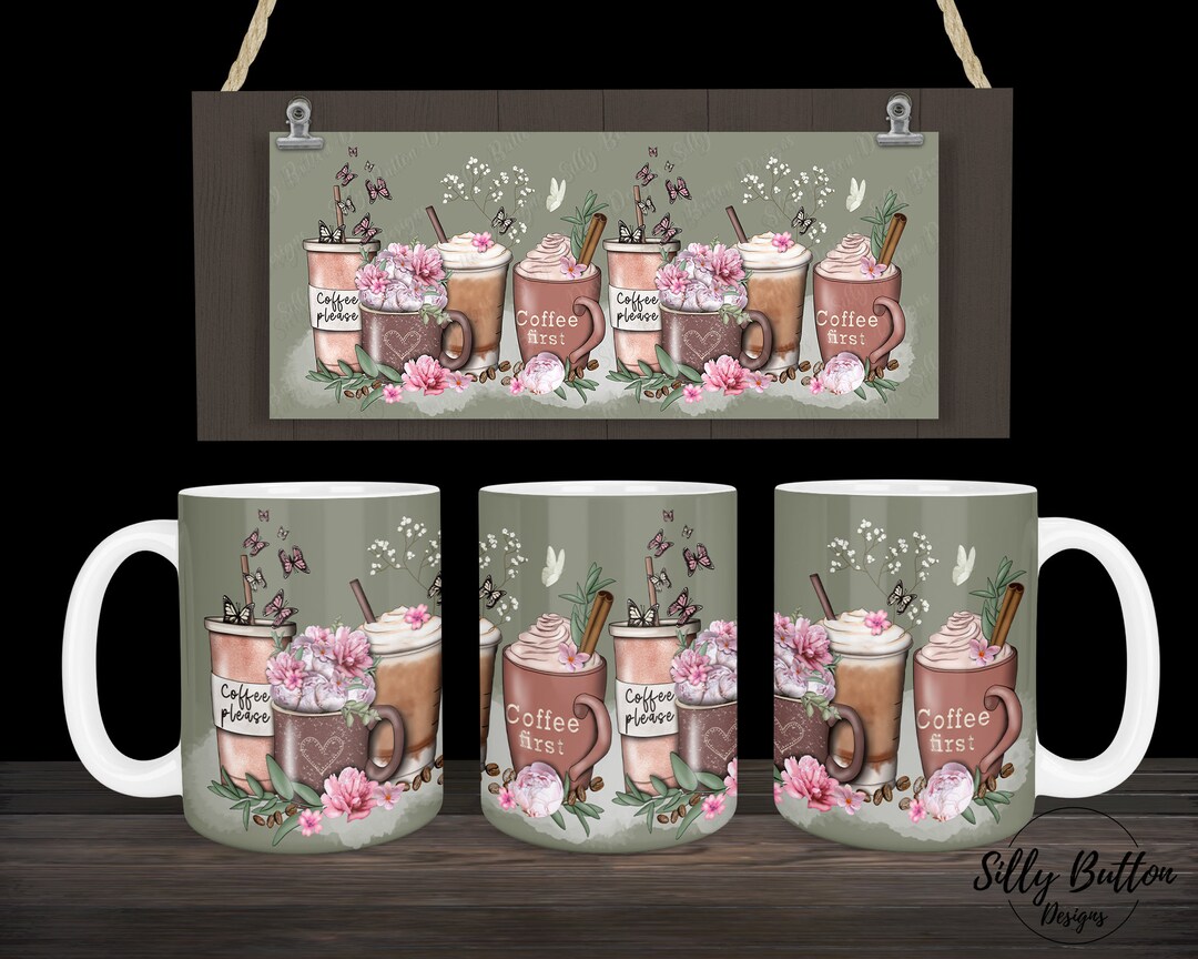 Coffee First Please Mugs Latte Cups Green Tan Brown Sublimation Mug ...