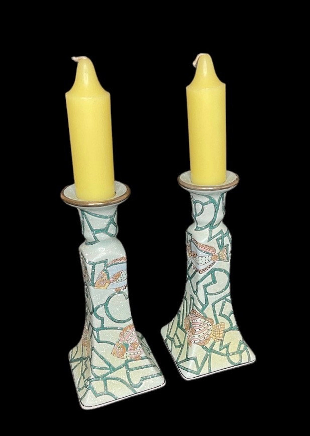 Pair Chinoiserie Fish Candlesticks, 8 3/4 Handpainted, Mint Green Base ...
