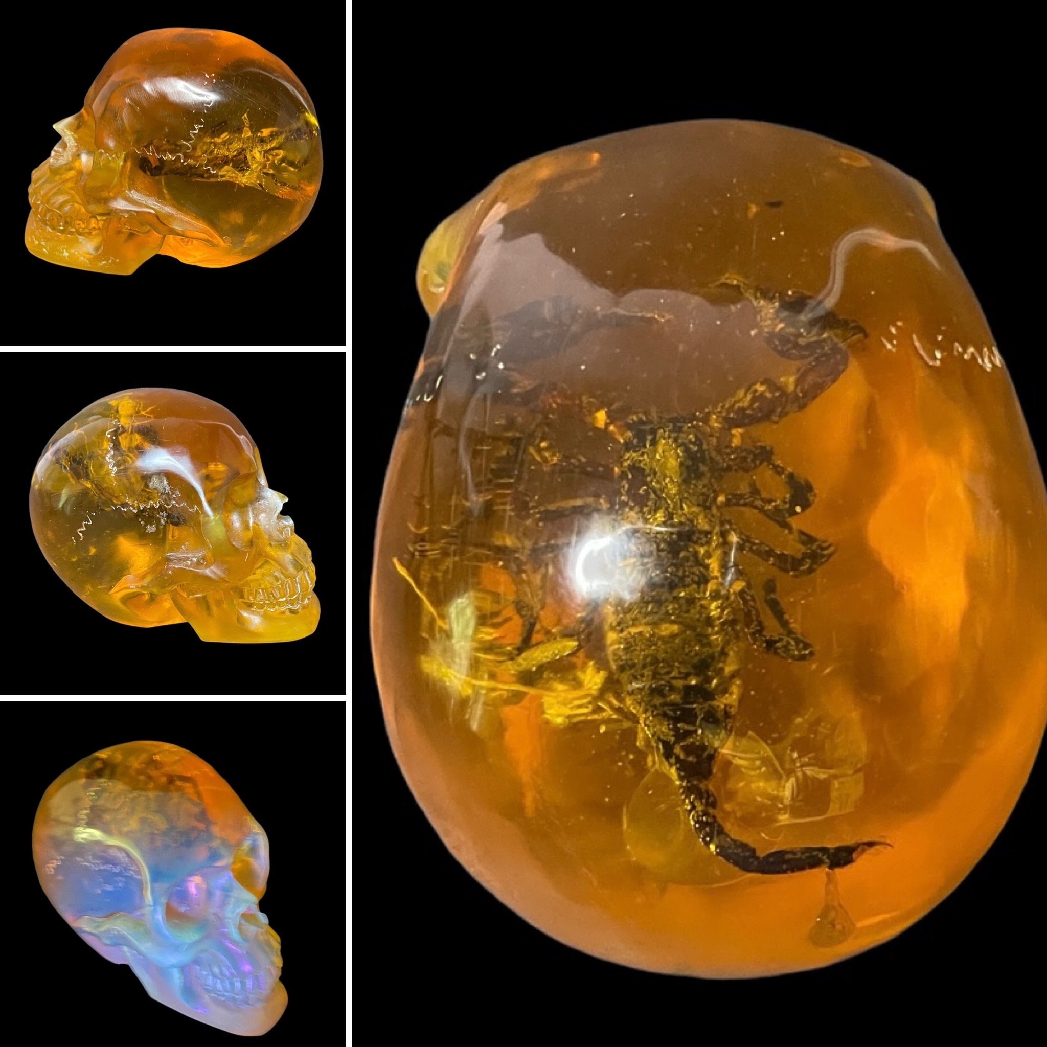Chinese Skull Statue, Honey Amber Color With Imbeded Scorpion Fossil ...