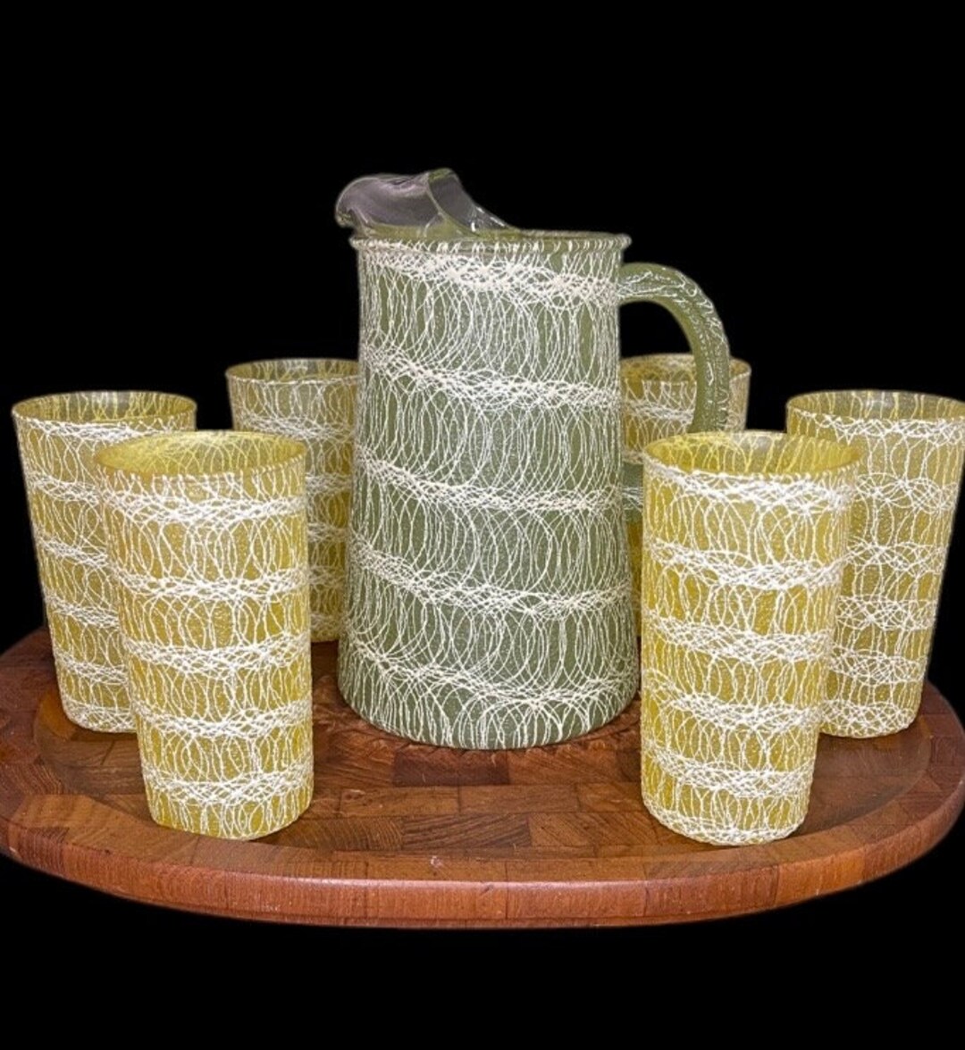 Spaghetti String Pitcher Set. 7-pc Mid Century 5 1/2 Tall Shat R Pruf ...