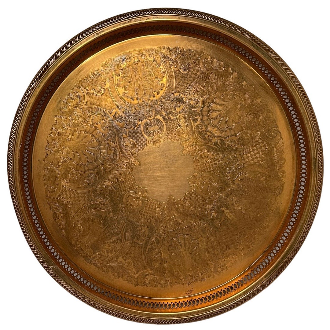 Copper Serving Gallery Tray 18” Round Etched Floral Design, Rimmed ...