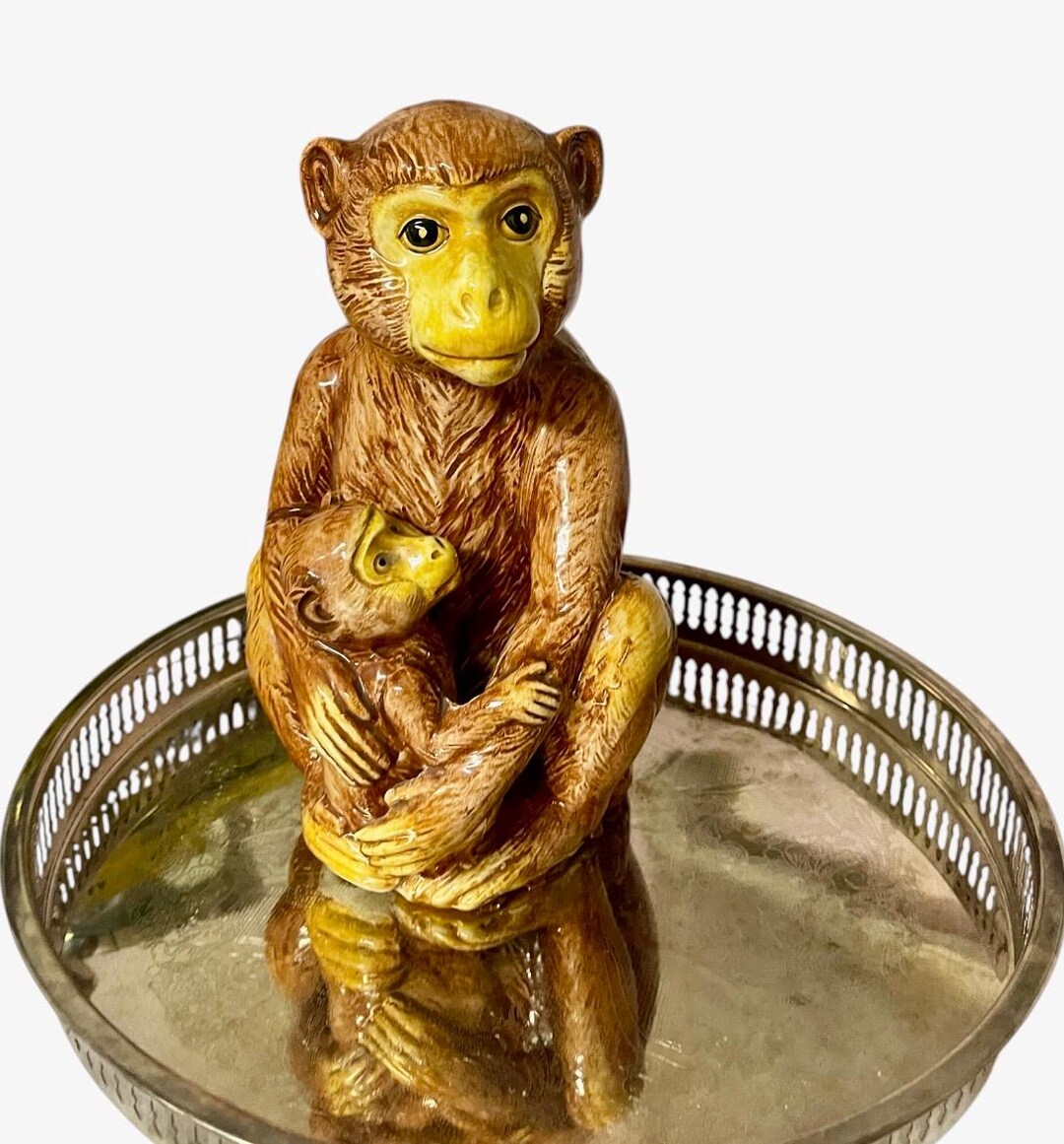 Vntg Ceramic Monkey Sculpture 9” Mother and Infant Reddish Brown Glaze ...