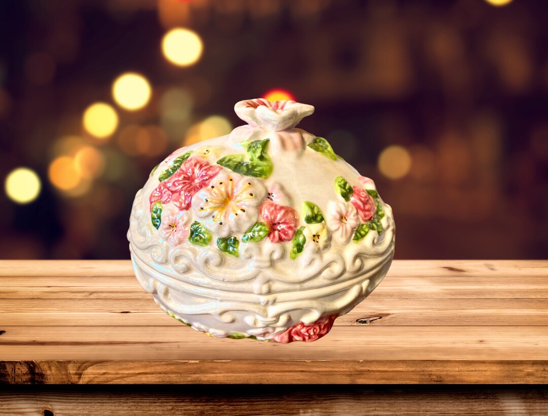 Cracker Barrel Trinket Jewelry Box Egg Shaped Ceramic Spring Floral ...