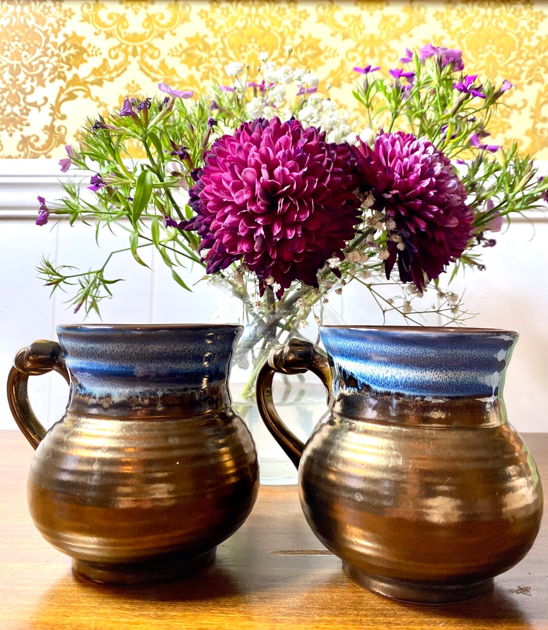 ROSCHER Stoneware Mugs Blue & Brown - Etsy