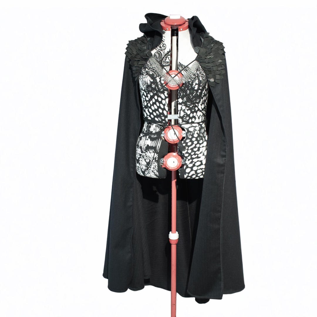 Half Circle Hooded Cloak With Dragon Scale Leather Accent and Chain ...