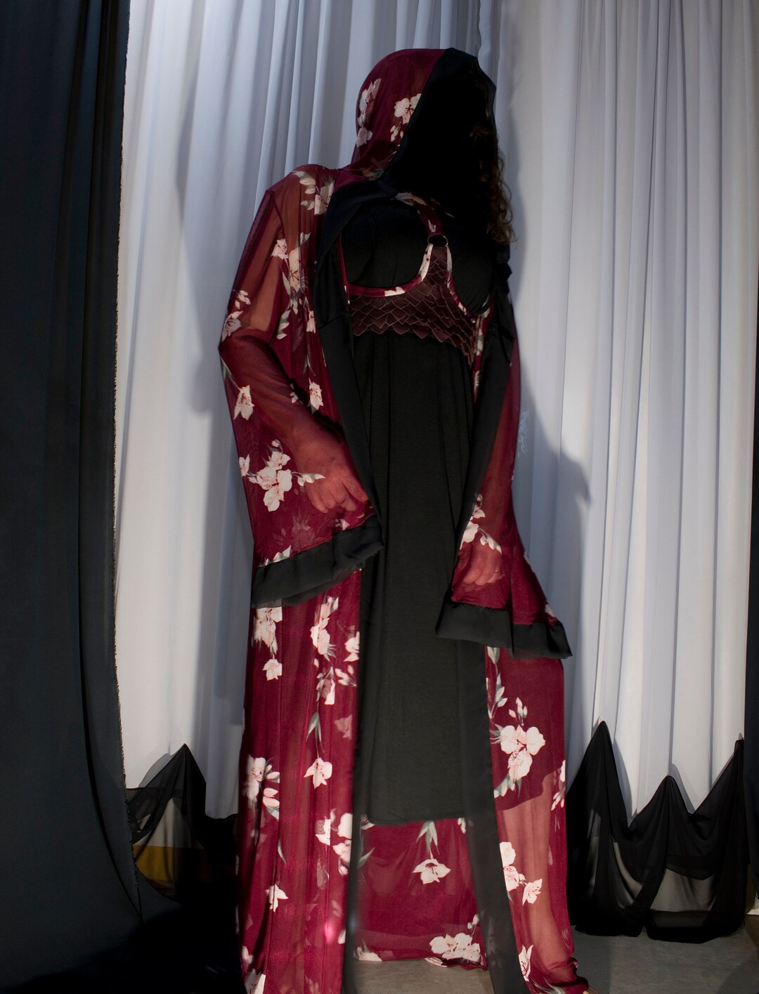 Floral Burgundy Goth Robe, Printed Mesh Hooded Cloak - Etsy
