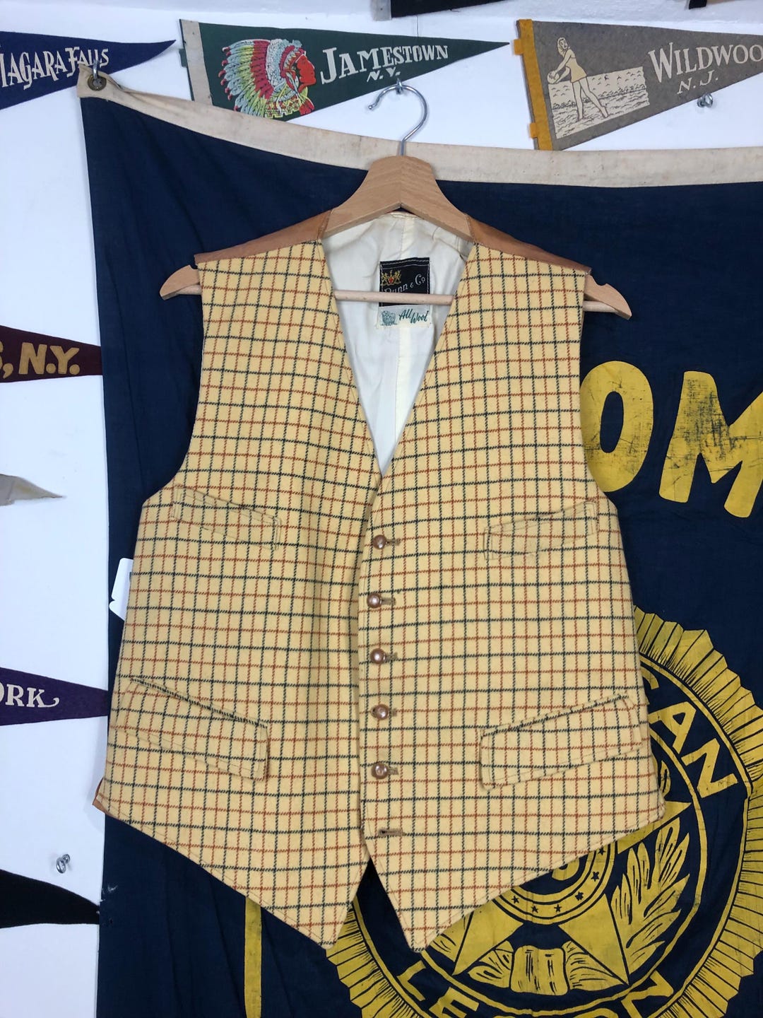 Vintage Dunn and Co Yellow Tattersall Wool Waist Coat Vest Size 42 ...