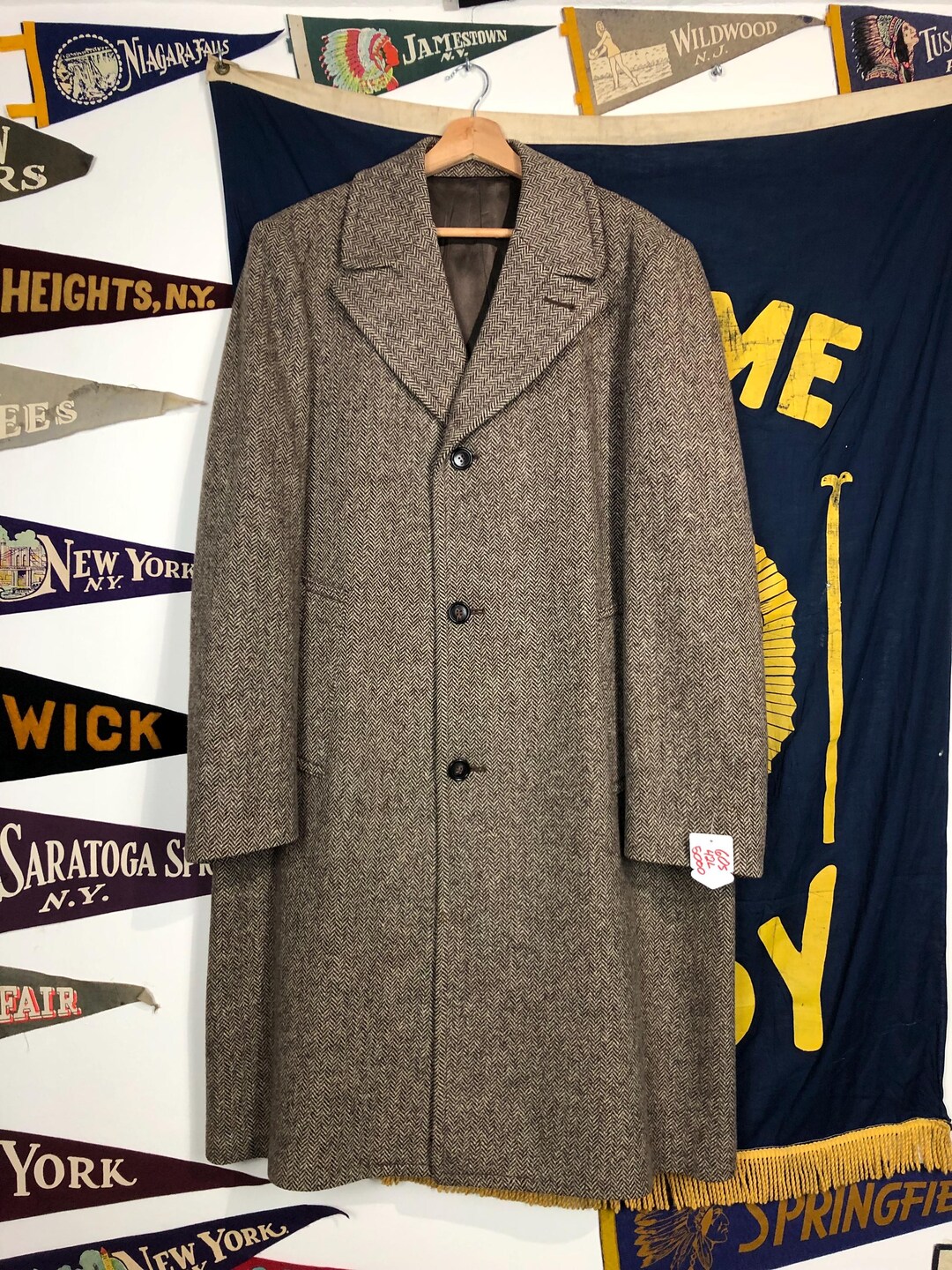 Vintage Clipper Mist All Wool Brown Herringbone Peak Lapel Overcoat 42 ...