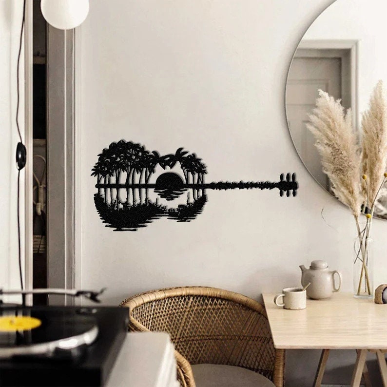 Guitar Sunset With Palm Trees Dxf Svg Png Files , Guitar Dxf , Guitar ...