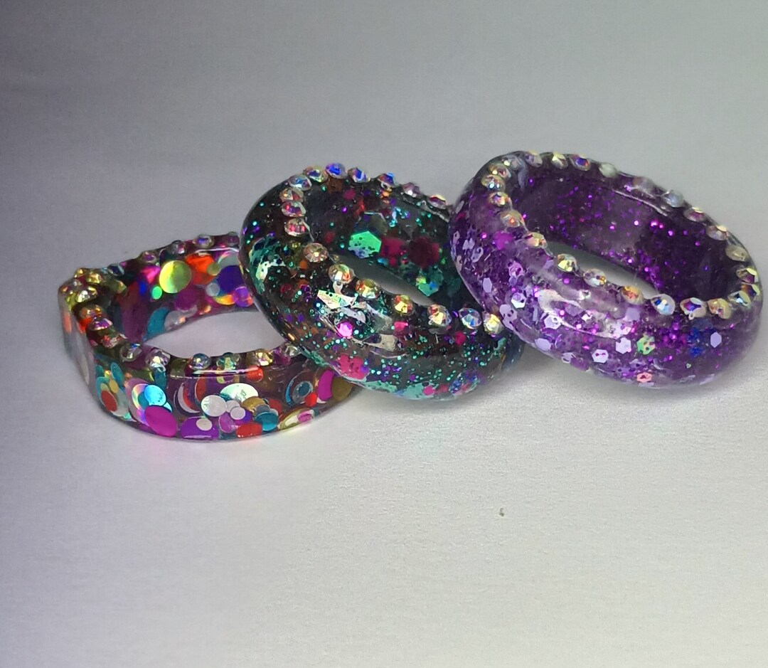 Handmade Glitter Rings With Thin Band of Rhinestones, Glitter Rings ...