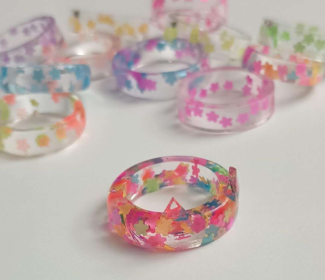 Floral Resin Ring: Transparent Band With Flower Blossoms - Etsy