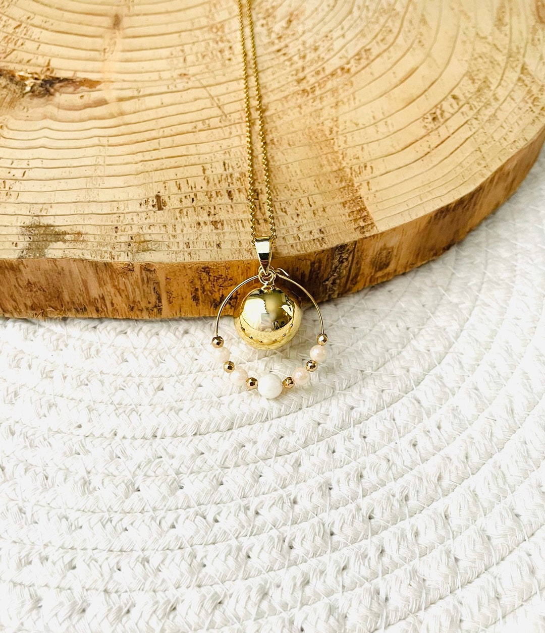 Gold Pregnancy Bola With Ring and Natural Angelite Beads - Etsy