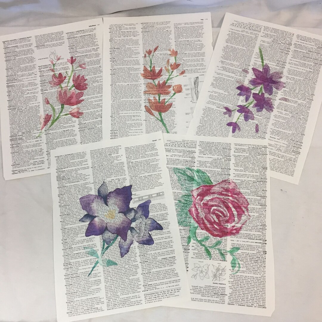 Set of 5 Flower Theme Dictionary Prints Nature Foliage Pink Purple ...